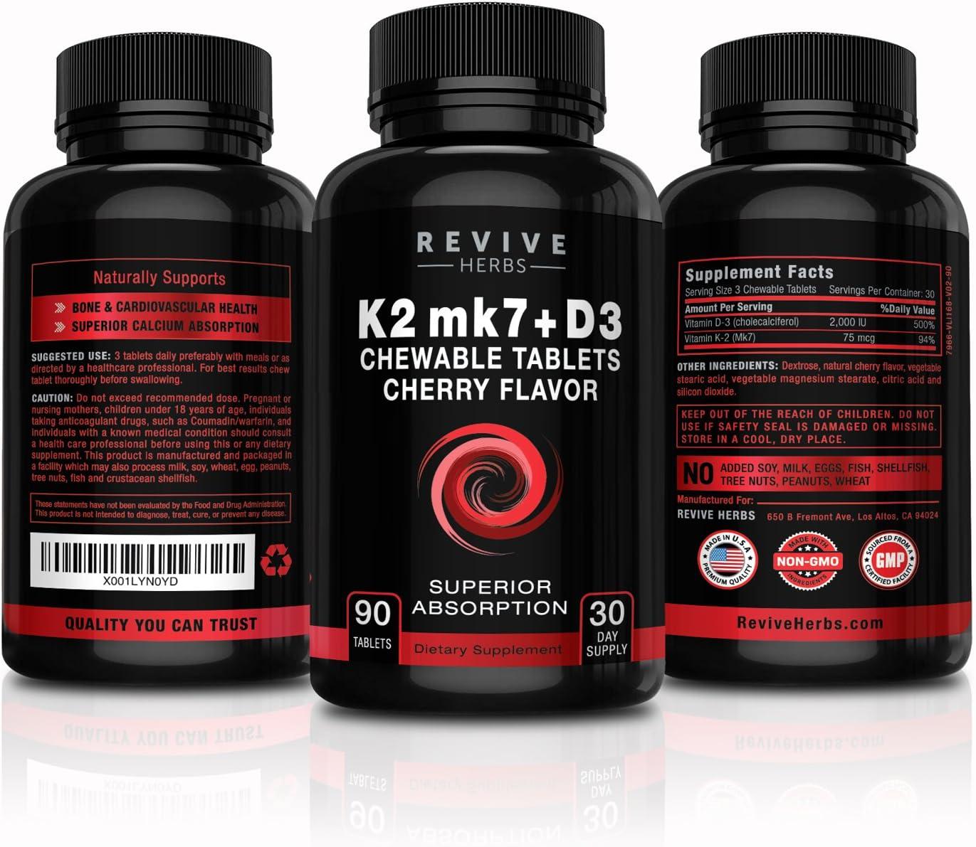 Revive Herbs Vitamin K2 D3 Cherry Flavored Chewable Tablets - Supports ...