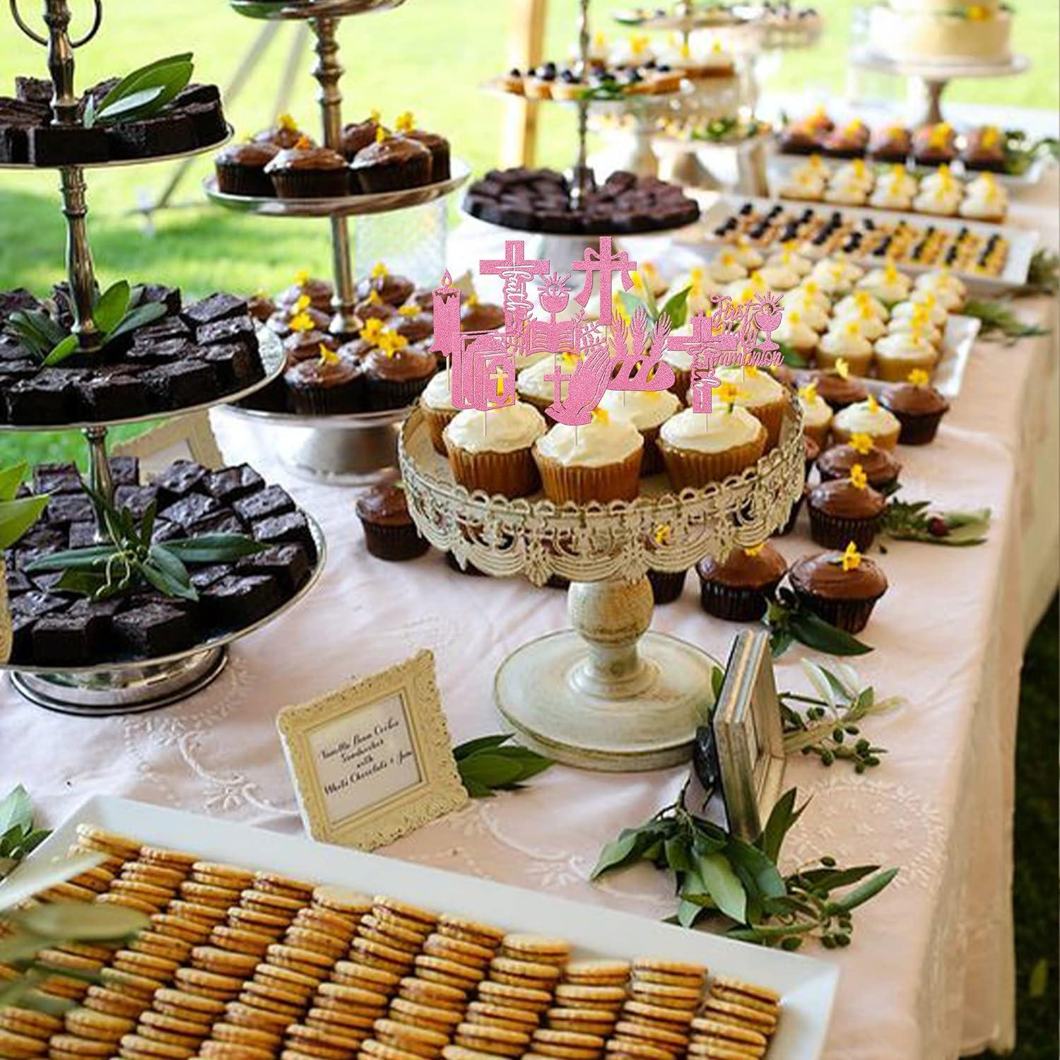 24 Pack First Holy Communion Cupcake Toppers with Glitter Cross Bible ...