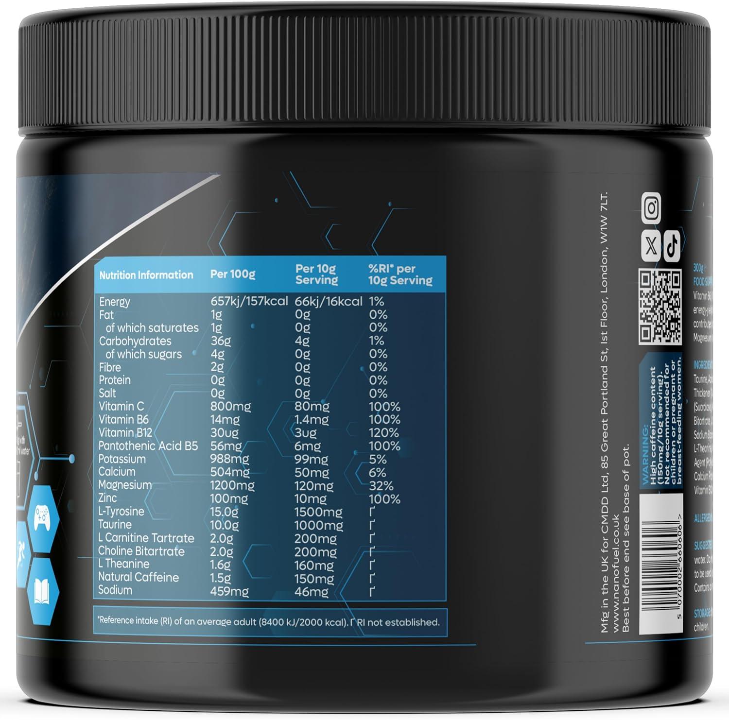 Nano Gaming Energy Drink Powder Blue Raspberry 300g Zero Sugar Focus ...