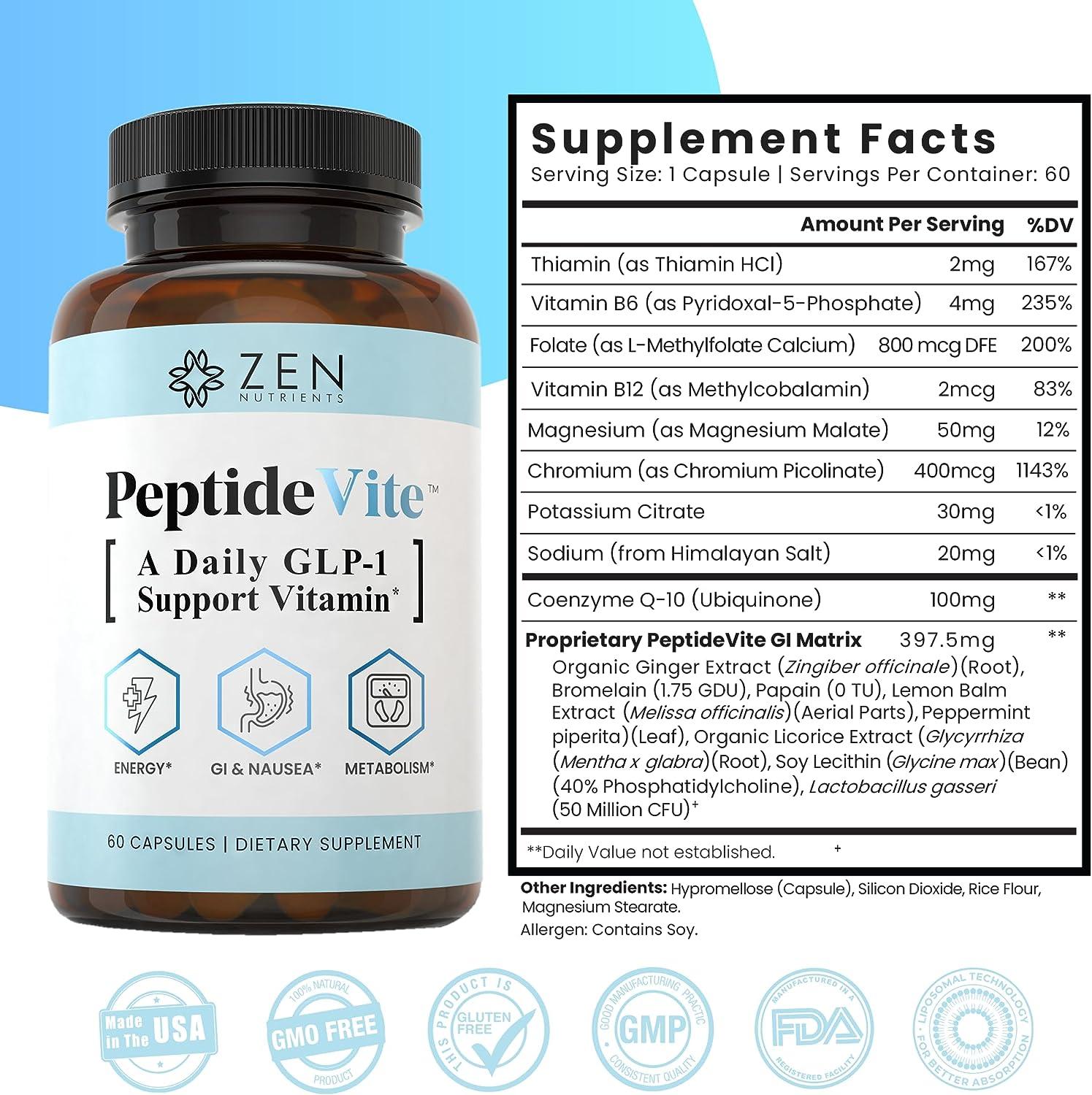 Zen Nutrients PeptideVite GLP-1 Support Capsules for Nausea Relief ...