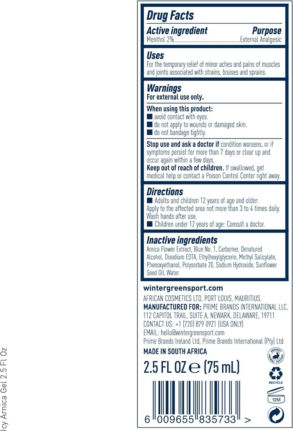 Wintergreen Ice Gel 2.5 Fl Oz - 2% Menthol Muscle & Joint Relief - 75mL ...
