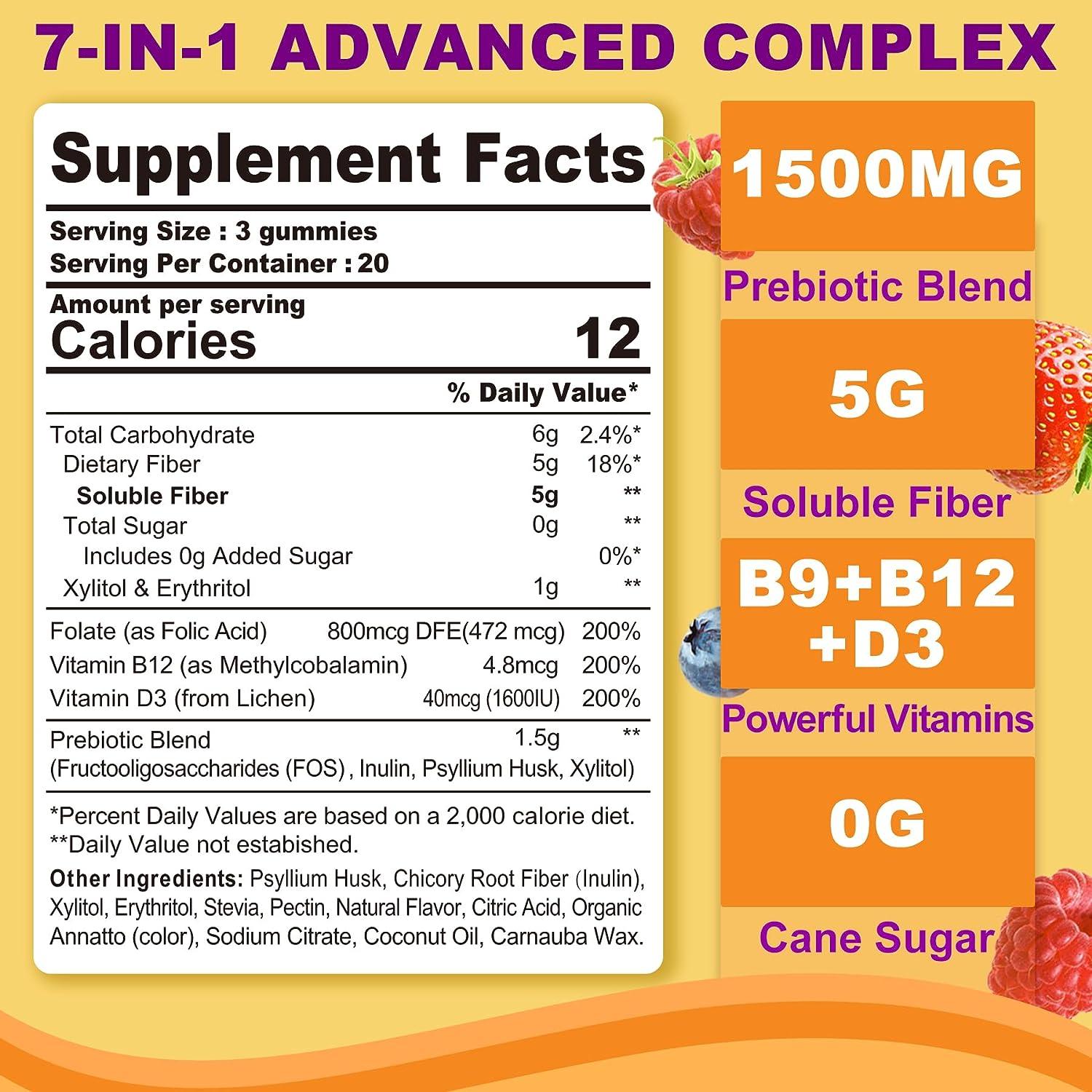 1500mg Sugar-Free Prebiotic Fiber Gummies - 3-in-1 Digestive Support ...