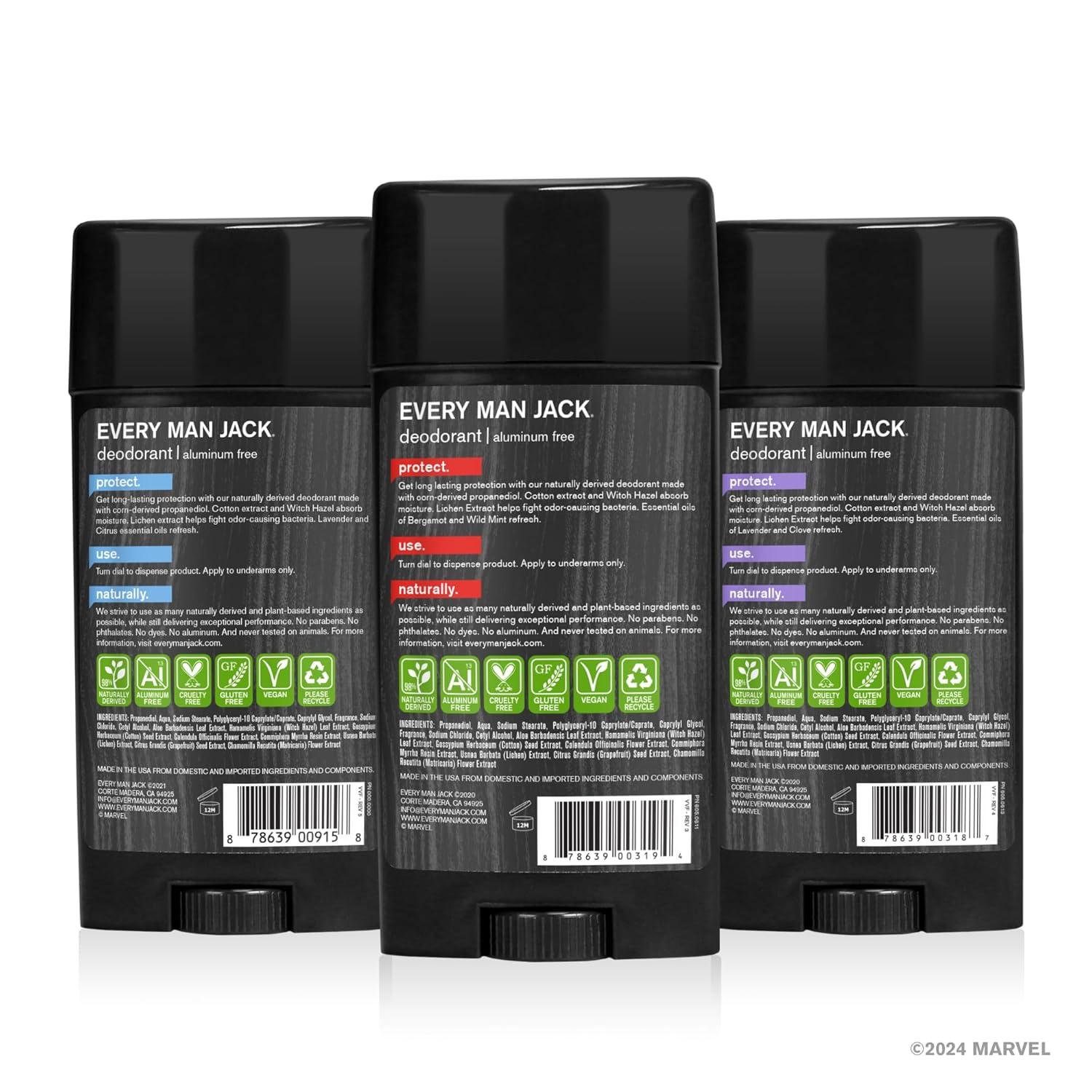 Every Man Jack Marvel Deodorant Variety Set - Includes 3 Aluminum Free ...