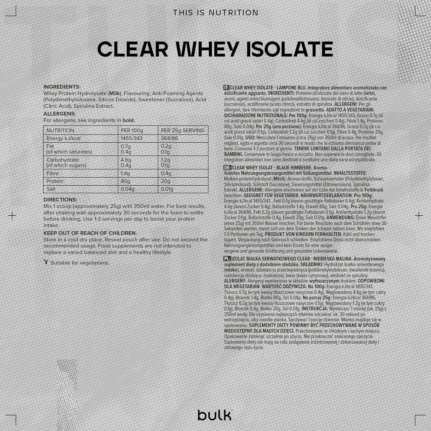 Bulk Clear Whey Isolate Powder Protein Shake Blue Raspberry 500 g | Buy ...