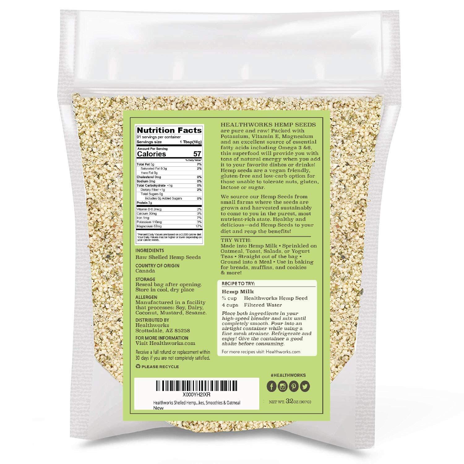 Healthworks Canadian Shelled Hemp Seeds (32oz/2lb) - Omega 3 & 6, Fiber ...