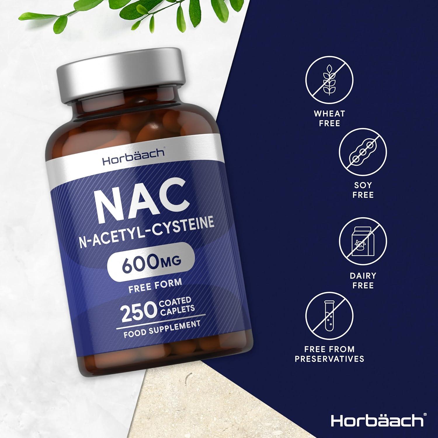 NAC N-Acetyl-Cysteine 600mg 250 Caplets | Free Form Formula | Horbaach ...