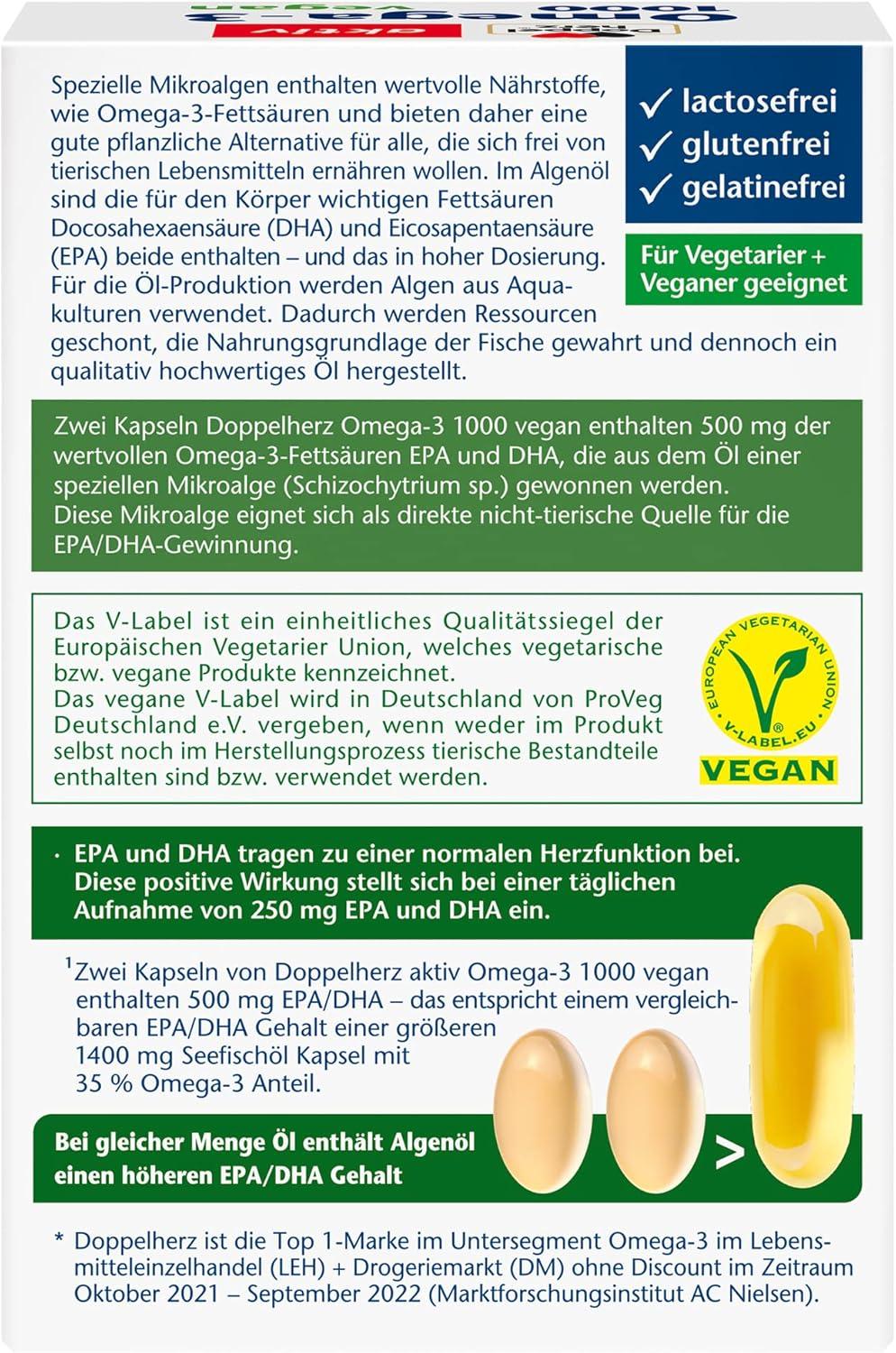 Double Heart Omega-3 1000 Vegan - High-Dose EPA & DHA from Algae Oil ...