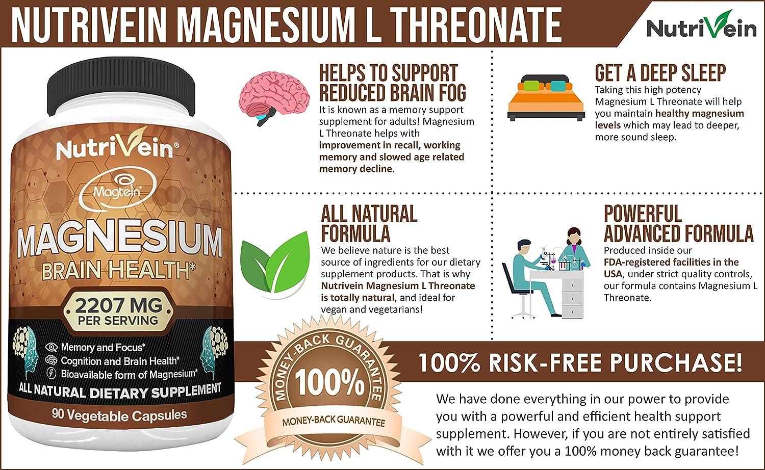Nutrivein Magnesium L-Threonate (Magtein) 2207mg - Brain Health, Memory ...