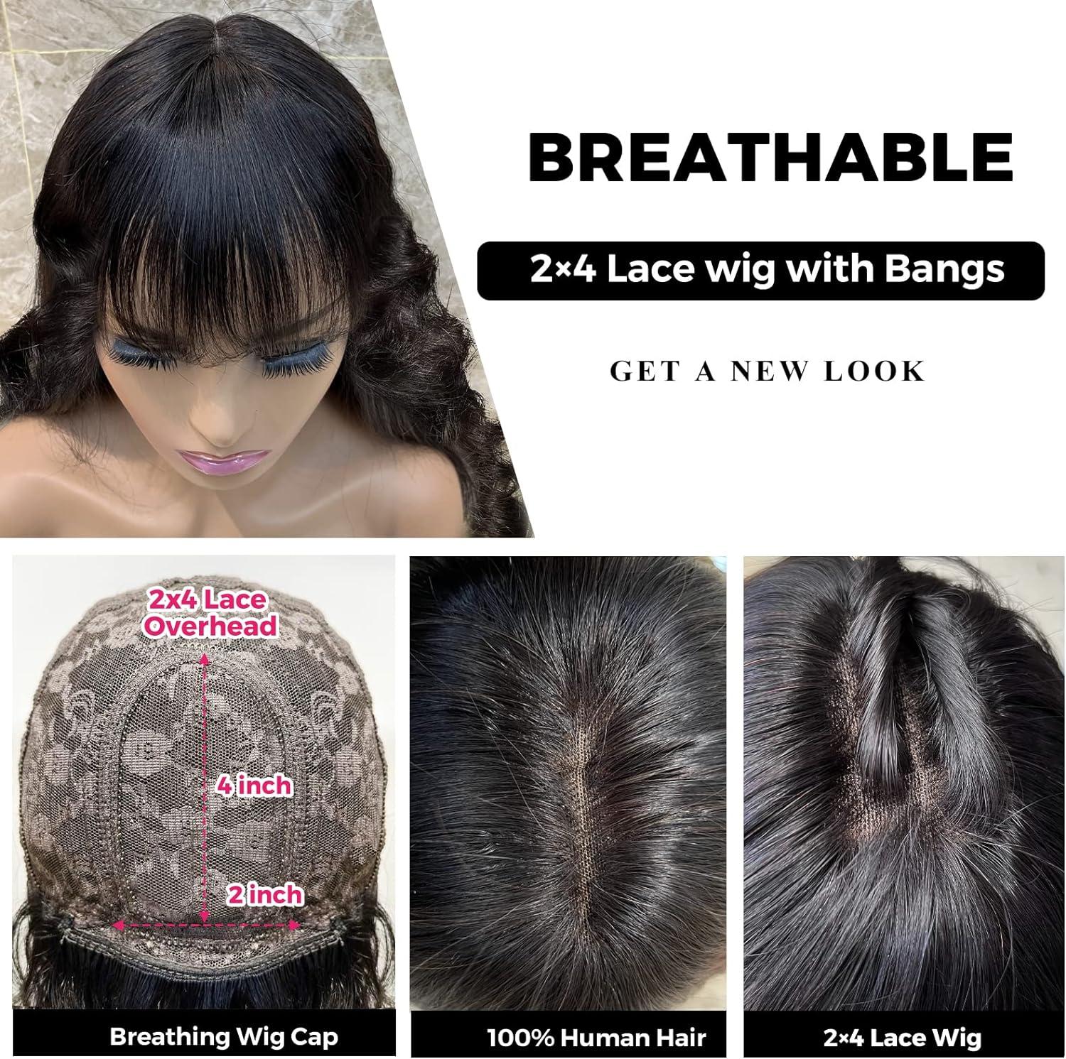 ALIPOP Black Body Wave Brazilian Human Hair Wig with Bangs 2X4 Glueless ...