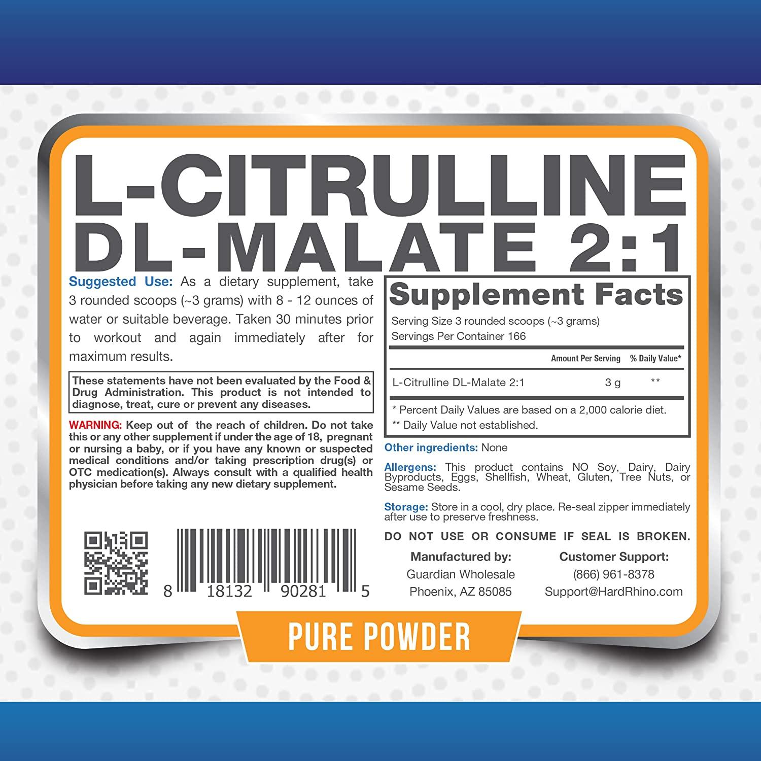 Highest Quality L-Citrulline DL-Malate 2:1 Powder - 500g (1.1 lbs ...