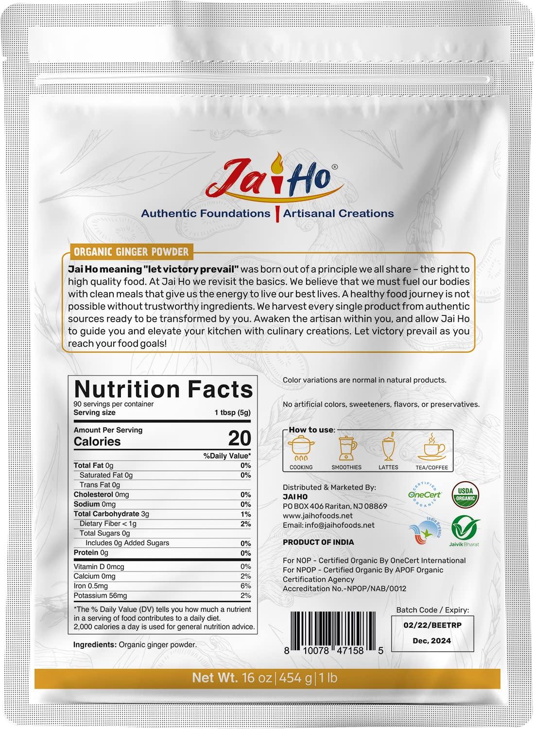 Jai Ho Certified Organic Gluten Free Vegan Non-GMO Ginger Powder - Resealable Zip Lock Pouch ...