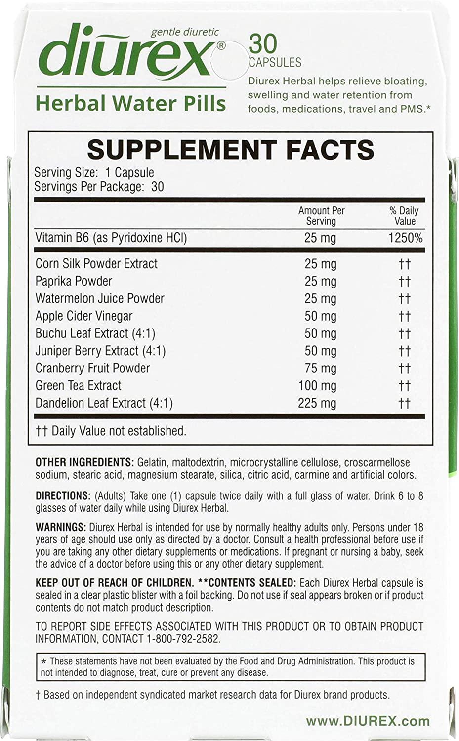 Diurex Herbal Water Pills - Drug-Free Relief from Water Bloat - 30 Count