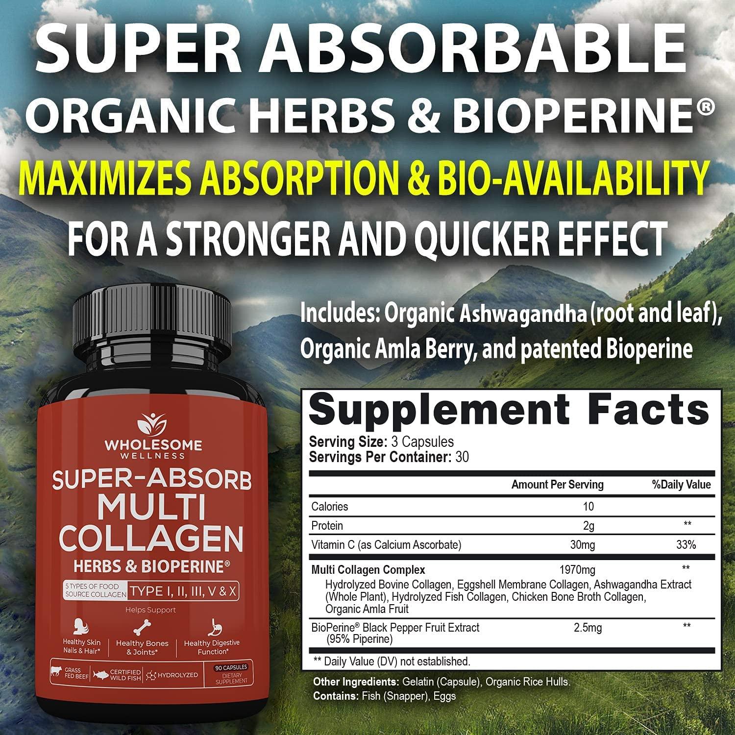 Wholesome Super-Absorb Multi Collagen Pills - 90 Capsules for Skin ...