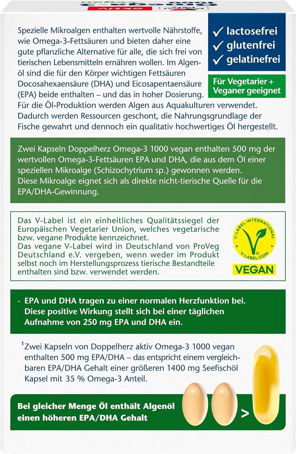 Double Heart Omega-3 1000 Vegan - High-Dose EPA & DHA from Algae Oil ...