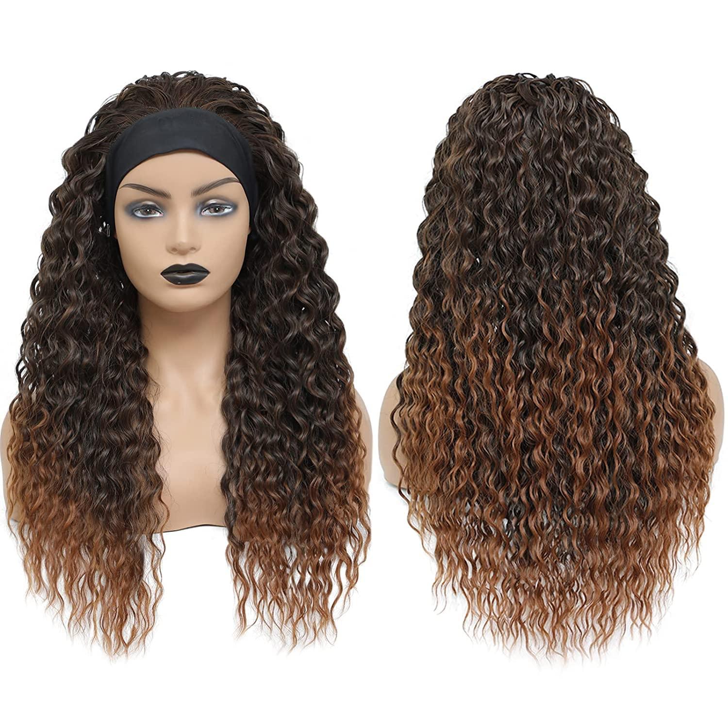 Ombre Brown Water Wave Headband Wig 26 Inch | Synthetic Glueless Half ...
