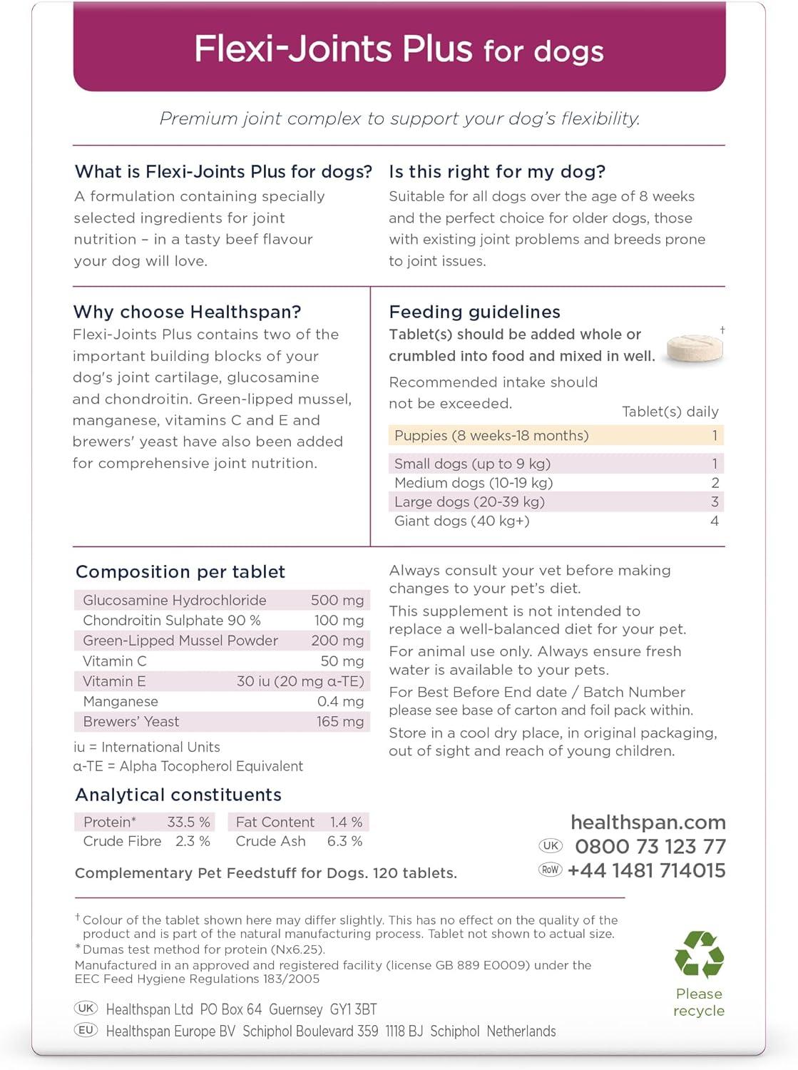 Healthspan Flexi-Joints Plus for Dogs (120 Tablets) | 500mg Glucosamine HCI for Joint Support ...