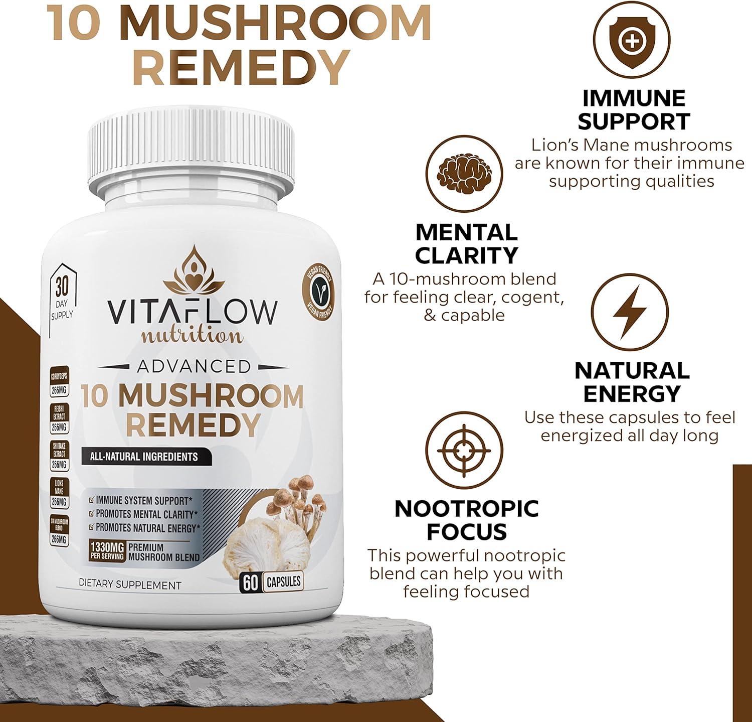 VITAFLOW Nutrition Premium Supplements 10 Mushroom Remedy-60 Capsules ...
