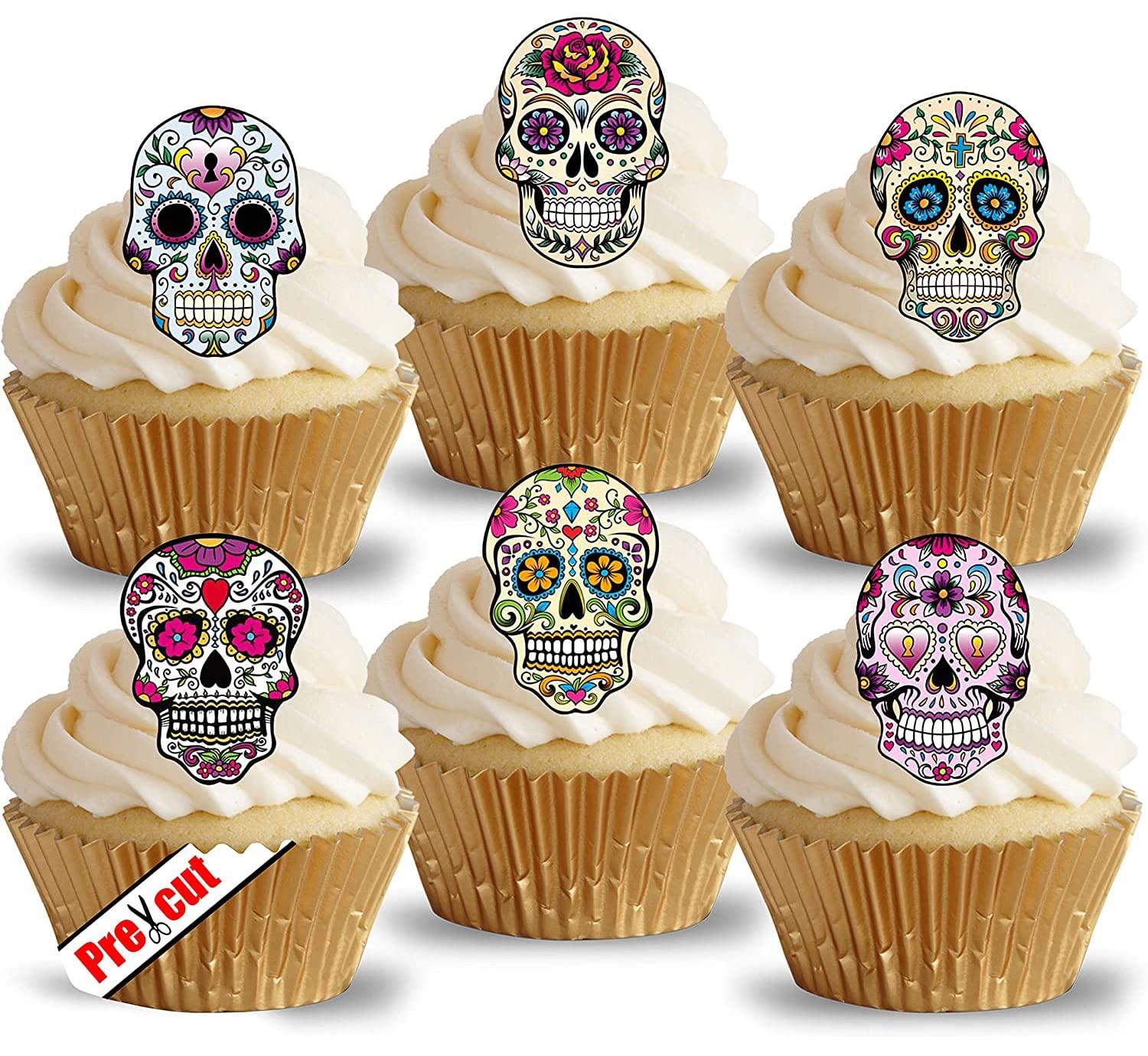 24 x Pre-Cut Calavera Skulls Edible Rice/Wafer Paper Cupcake Cake ...
