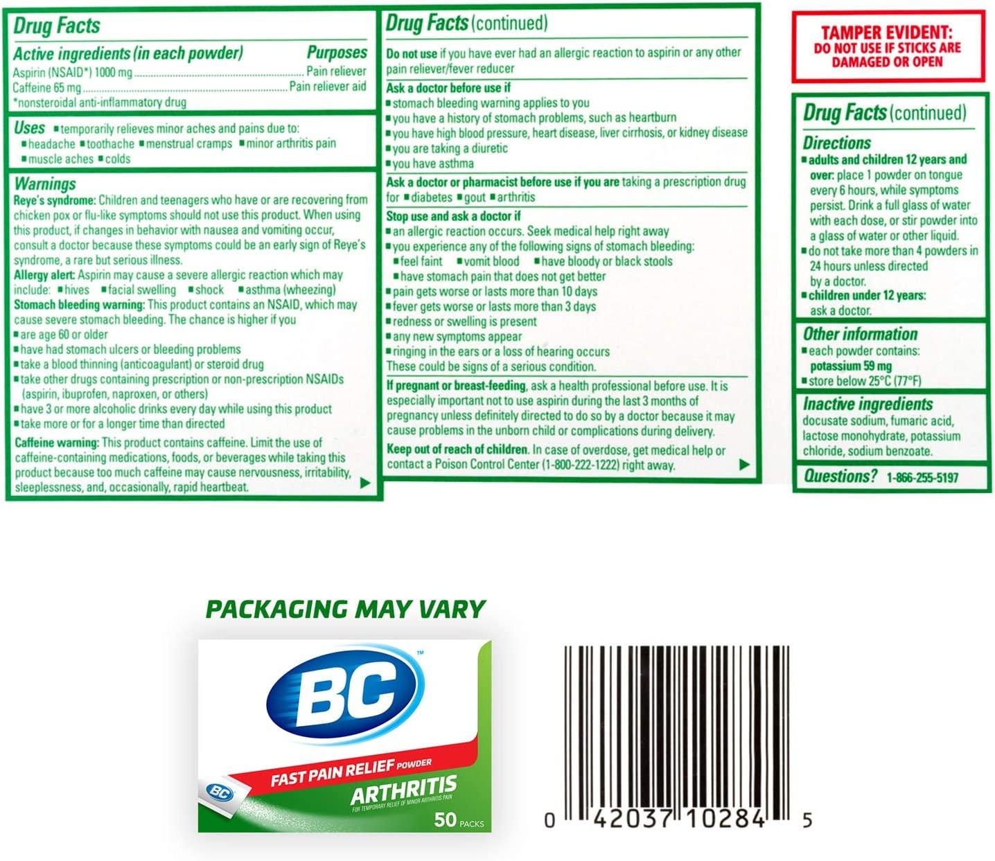 BC Powder Fast Pain Relief Arthritis Aspirin with Caffeine - 50 Count ...