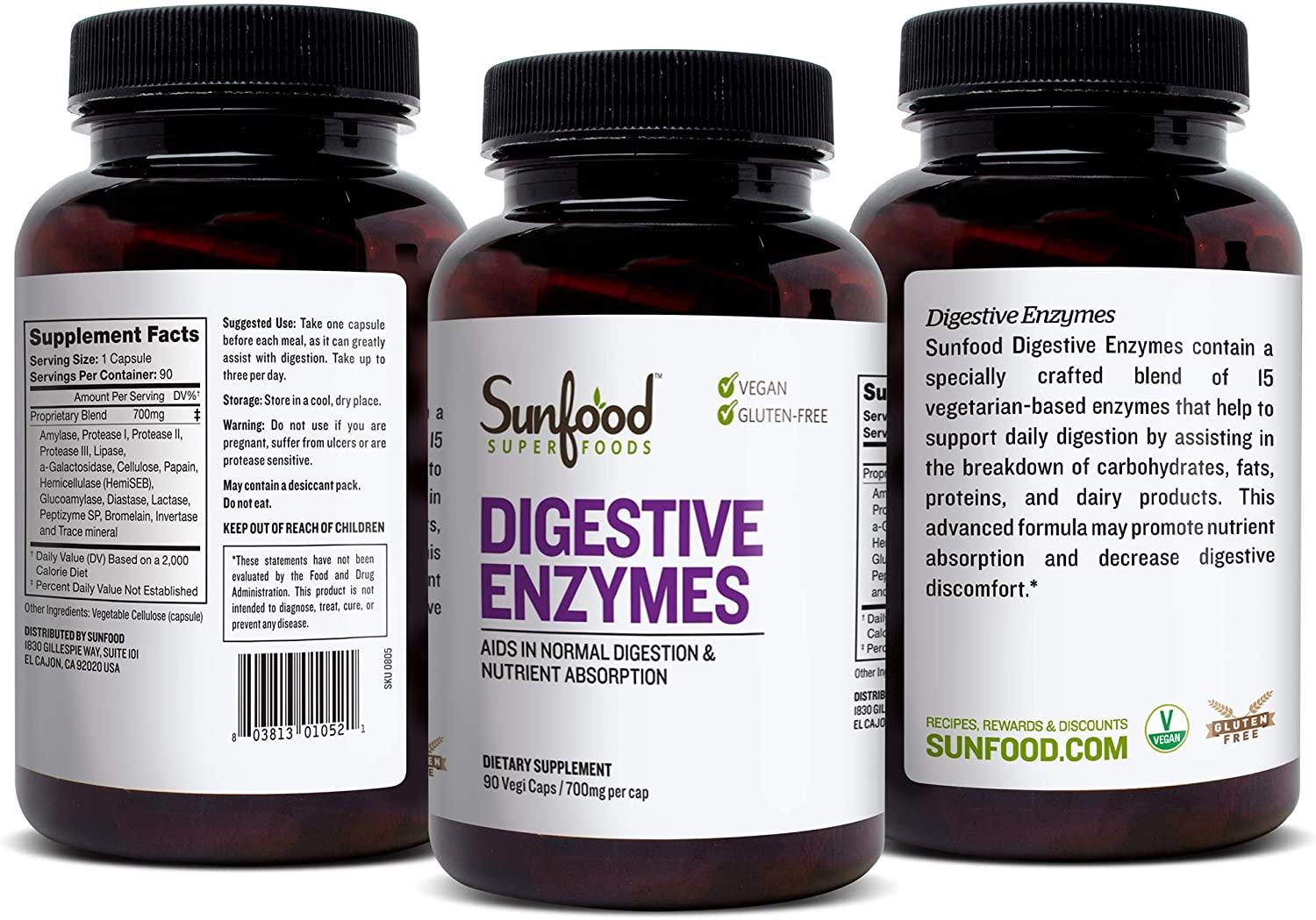 Sunfood Digestive Enzymes 700 mg - 90 Vegi Caps for Optimal Digestion ...