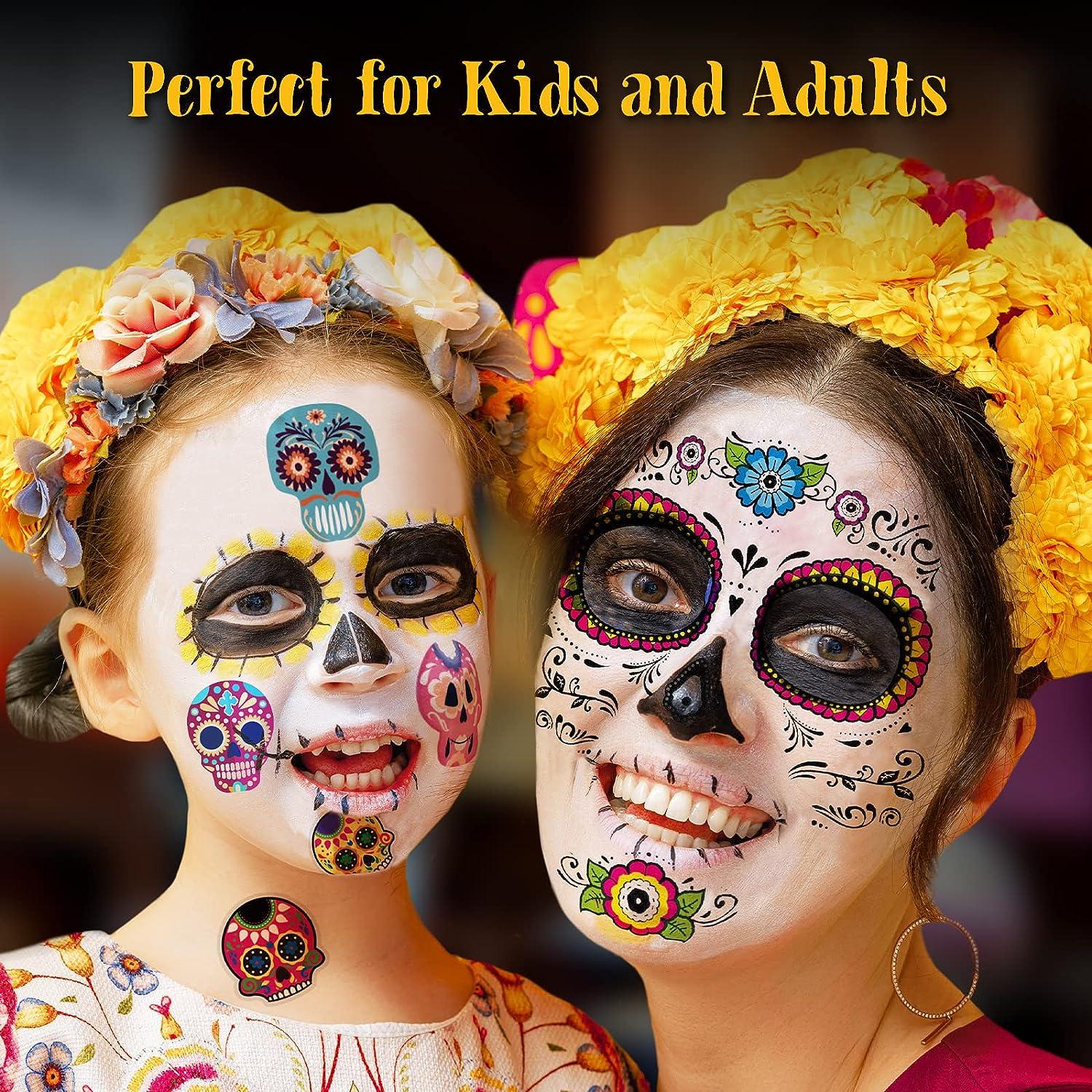 Day of the Dead Face Tattoos - 10 Sheet Halloween Temporary Tattoo Kit ...