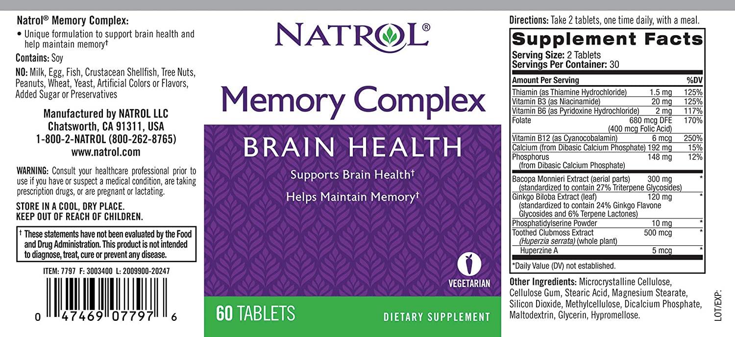 Buy Natrol Memory Complex 60 Tablets - Enhance Focus & Cognitive ...