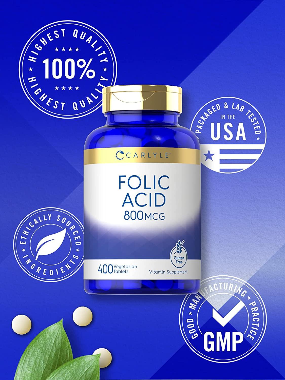 Folic Acid 800 mcg Tablets - 400 Count | Vegetarian, Non-GMO, Gluten ...
