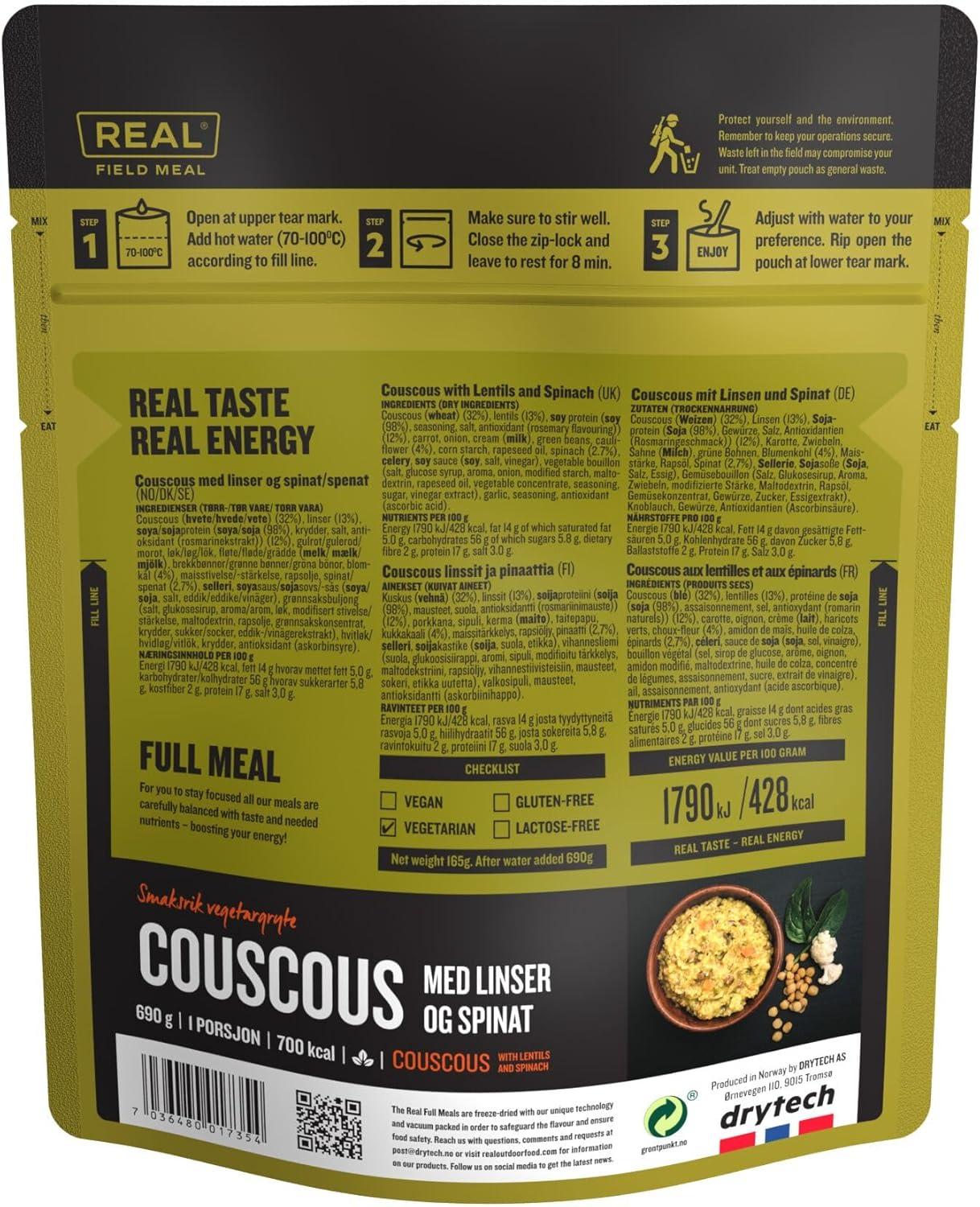 REAL FIELD MEAL DRYTECH Full Meal Couscous with Lentils and Spinach ...