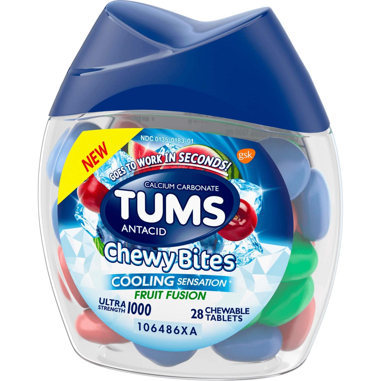 Tums Chewy Bites Fast Cooling Sensation Antacid Fruit Fusion 28 Tablets
