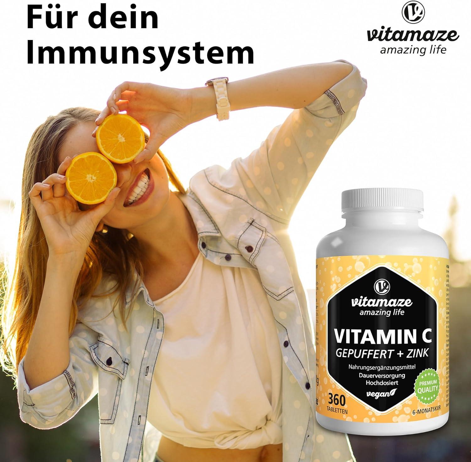 High-Dose Vitamin C 1000 mg + Zinc 10 mg - 360 Vegan Tablets pH-Neutral ...