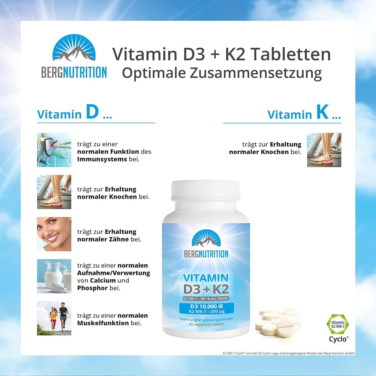 Berg Nutrition Vitamin D3 10 000 IU + K2 200 g | Premium Vegan Tablets ...