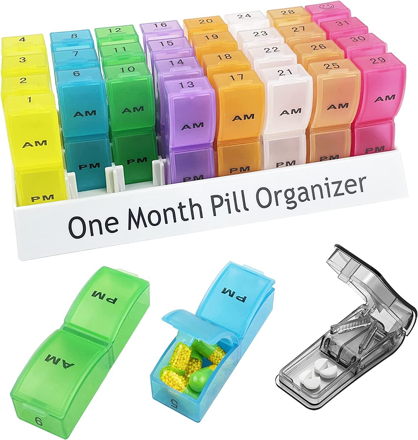 CAidRE 31-Day AM/PM Monthly Pill Organizer with Cutter - Vitamin, Fish ...