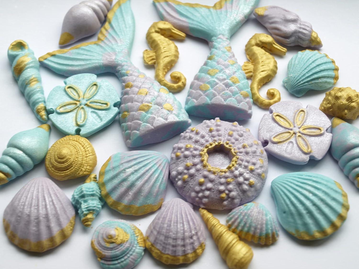 25x Edible Mermaid Tail Seashells Coral & Seahorse - Fondant Cake ...