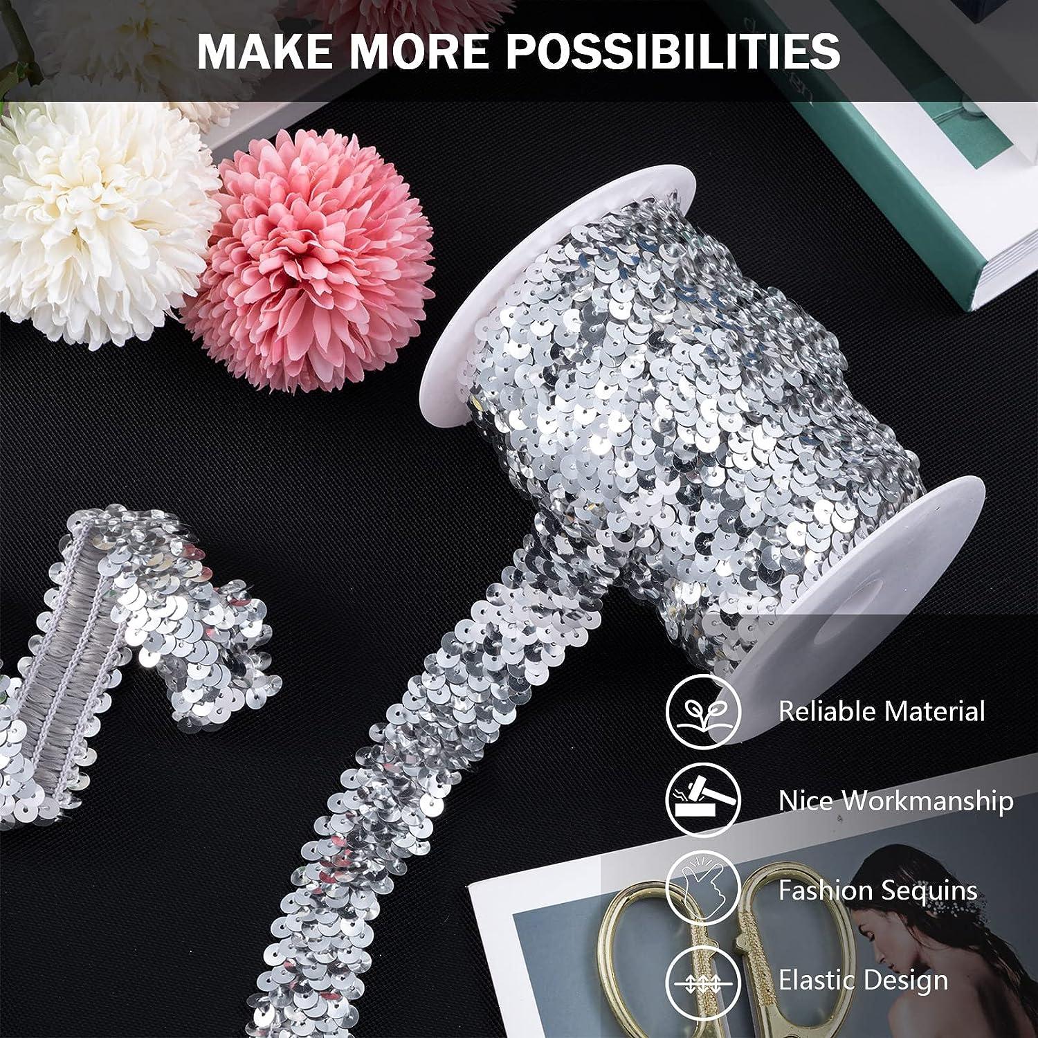 11 Yard 1 Inch Silver Elastic Sequins Trim - 3 Row Glitter Sequin Bling ...