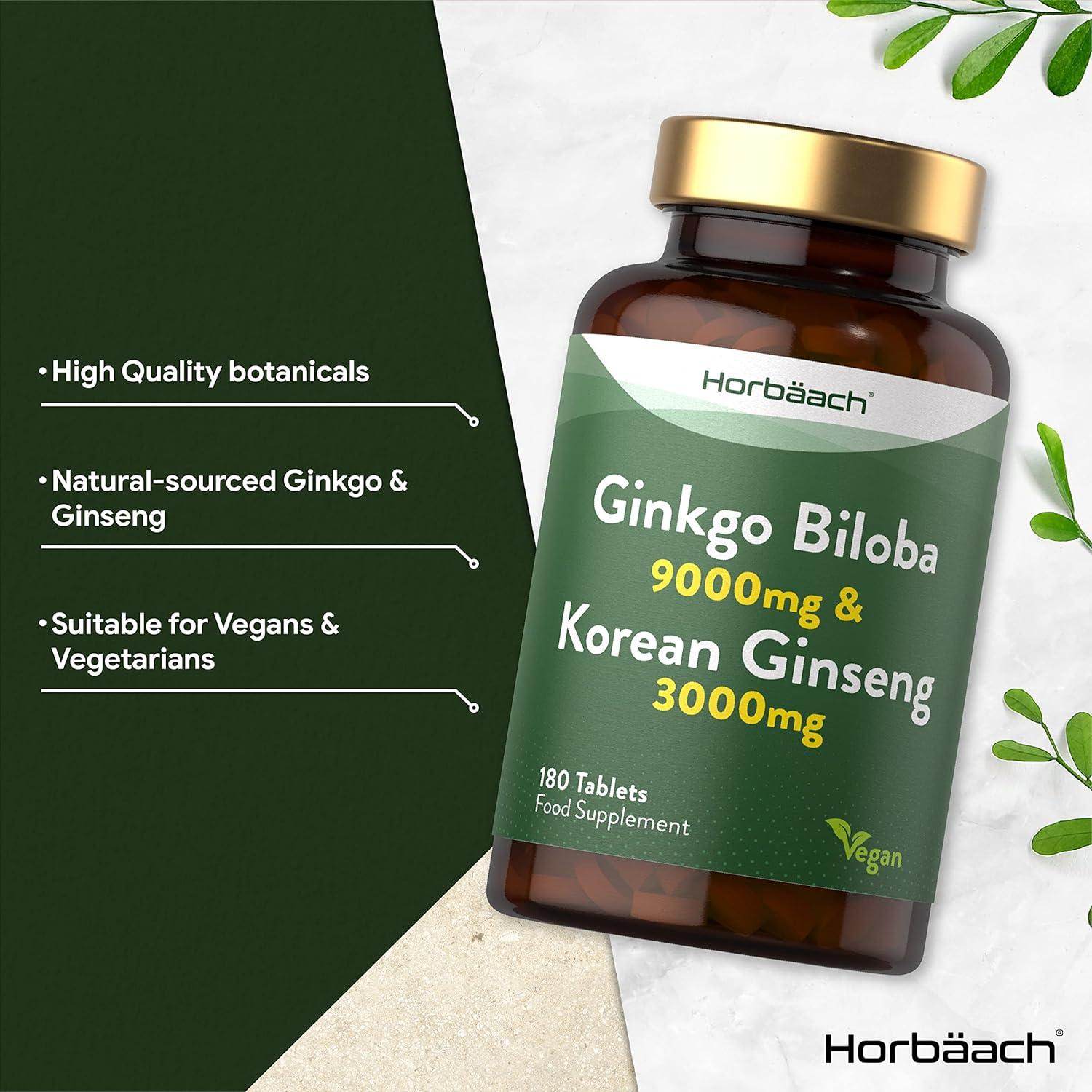 Ginkgo Biloba & Korean Ginseng Tablets | High Strength 9000mg & 3000mg | 180 Vegan Tablets by ...