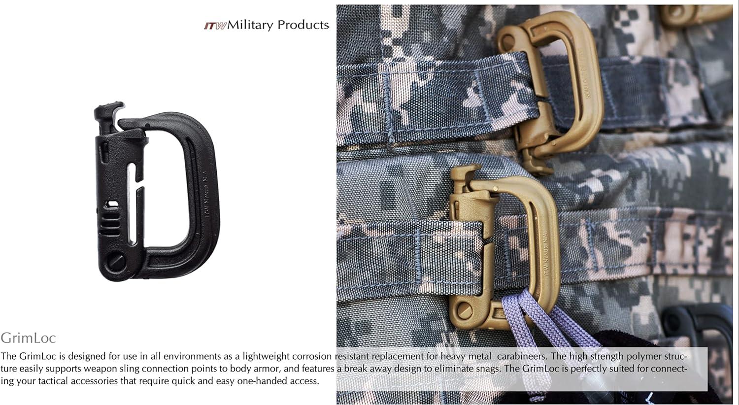 ITW - 4 Pack - BLACK - D-Ring Grimloc Locking for Molle Webbing. USA Made