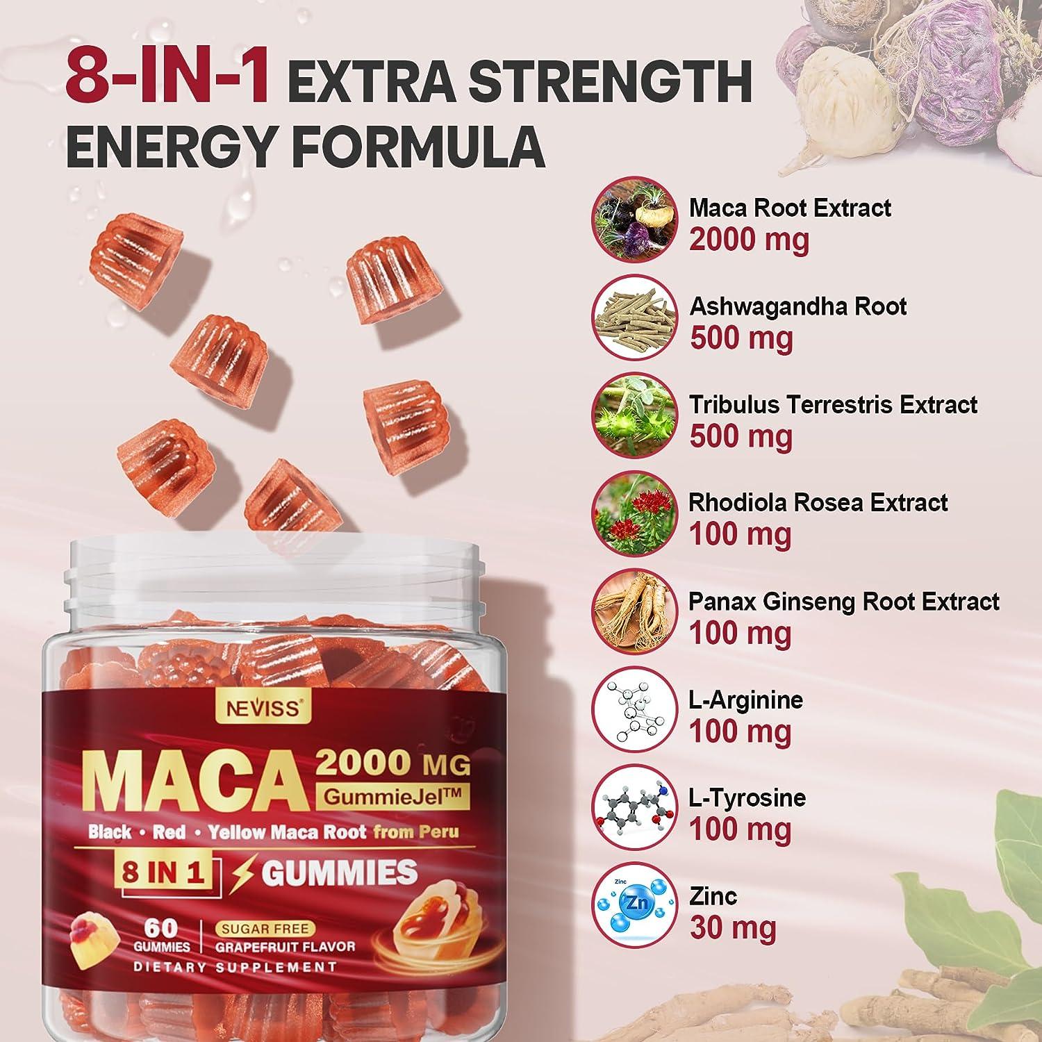 Sugar Free Maca Root Gummies 2000mg with Ashwagandha for Natural Energy ...
