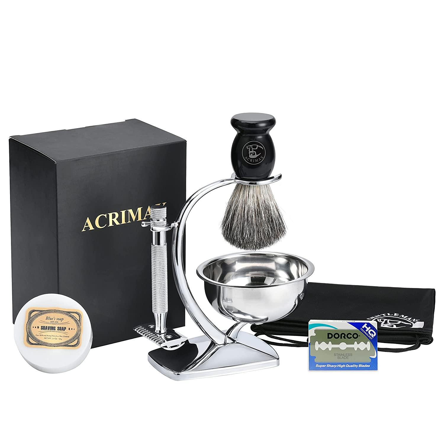 ACRIMAX Deluxe Men's Shaving Kit - Chrome Razor & Brush Stand, Bowl, 10 ...