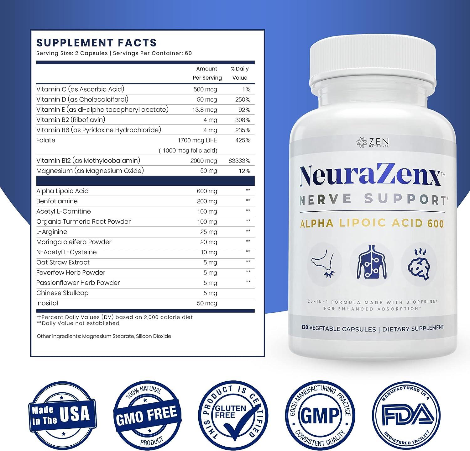 Zen Nutrients Neurazenx Nerve Support Supplement - 1200mg ALA ...