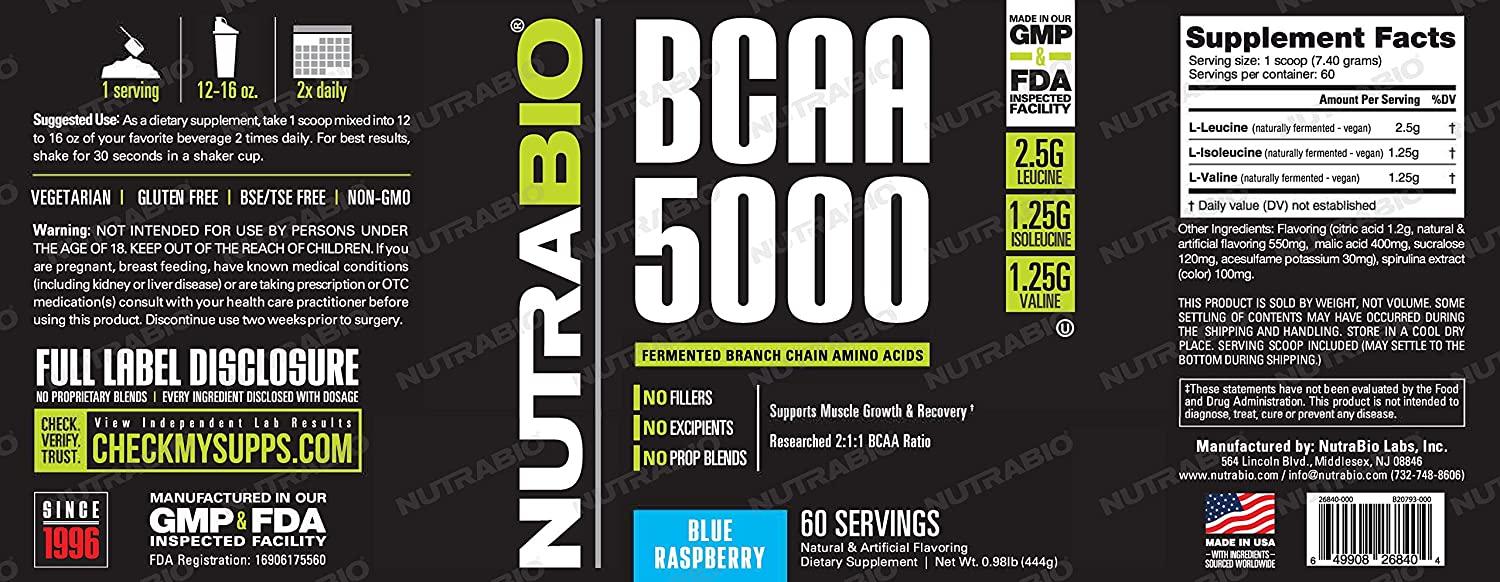 NutraBio BCAA 5000 Powder - Vegan Fermented BCAAs for Lean Muscle ...