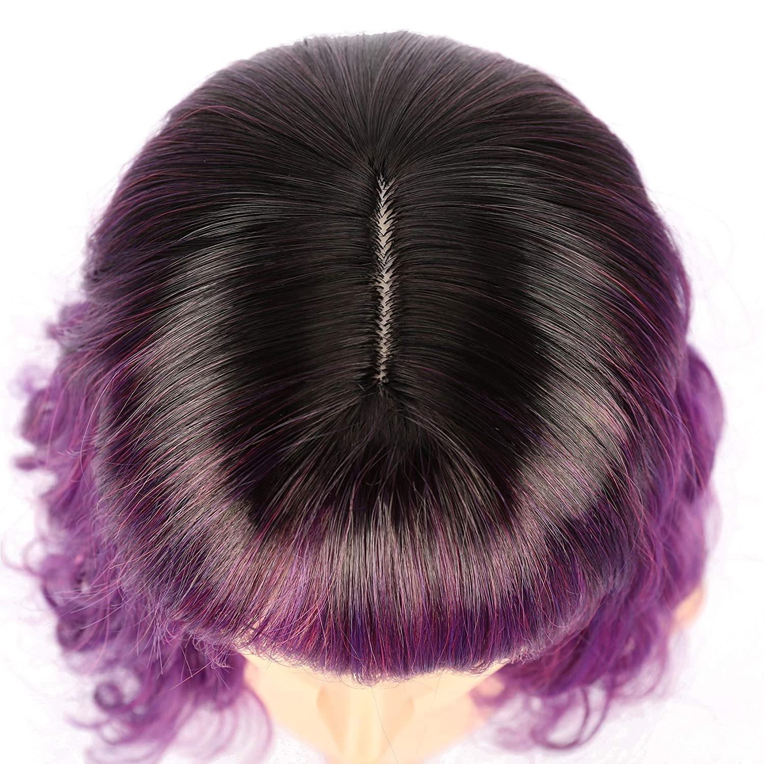 FAELBATY Short Purple Bob Wig with Bangs | Ombre Dark Purple Synthetic ...