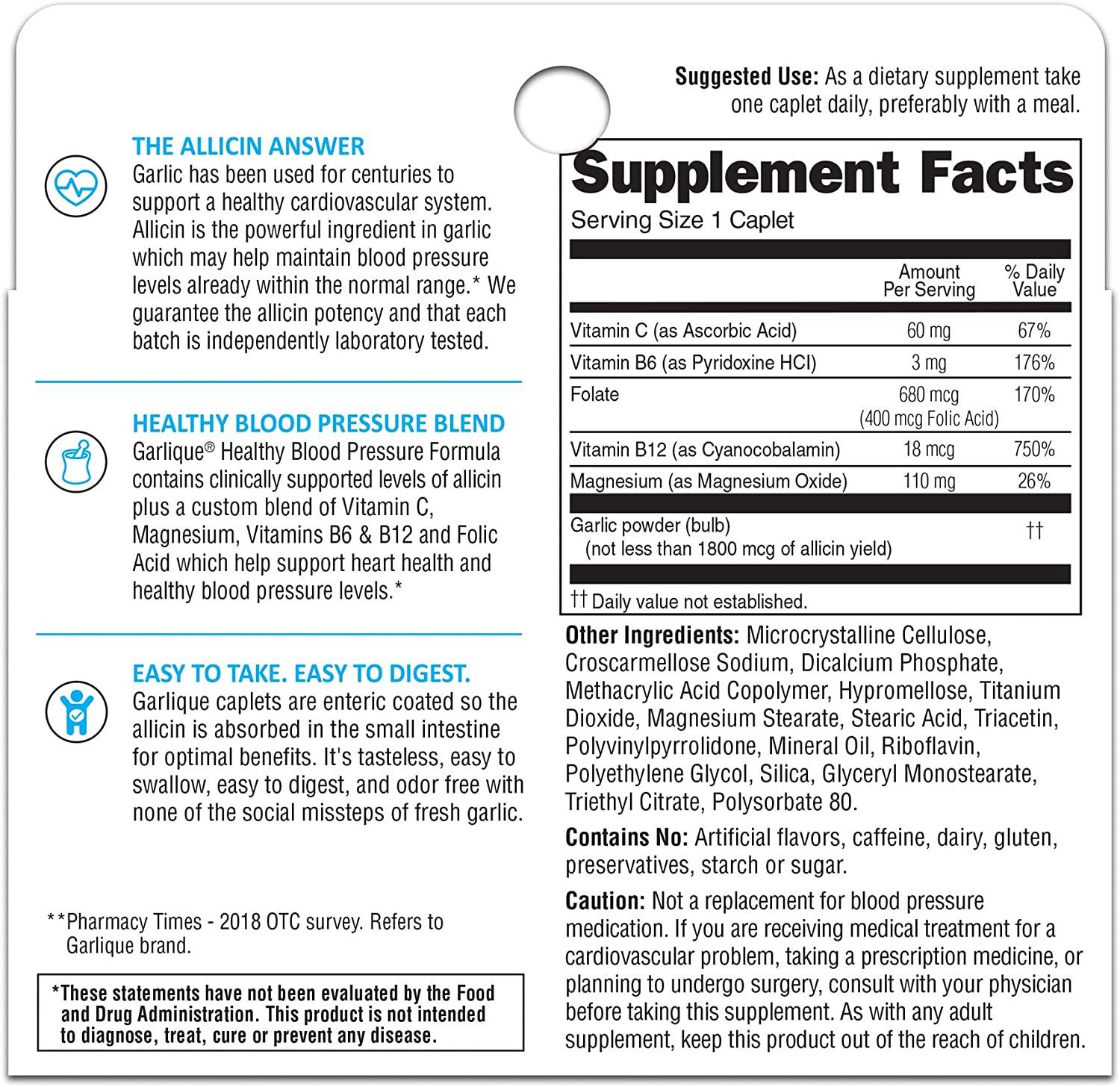 Garlique Garlic Extract Supplement - Healthy Blood Pressure Formula ...