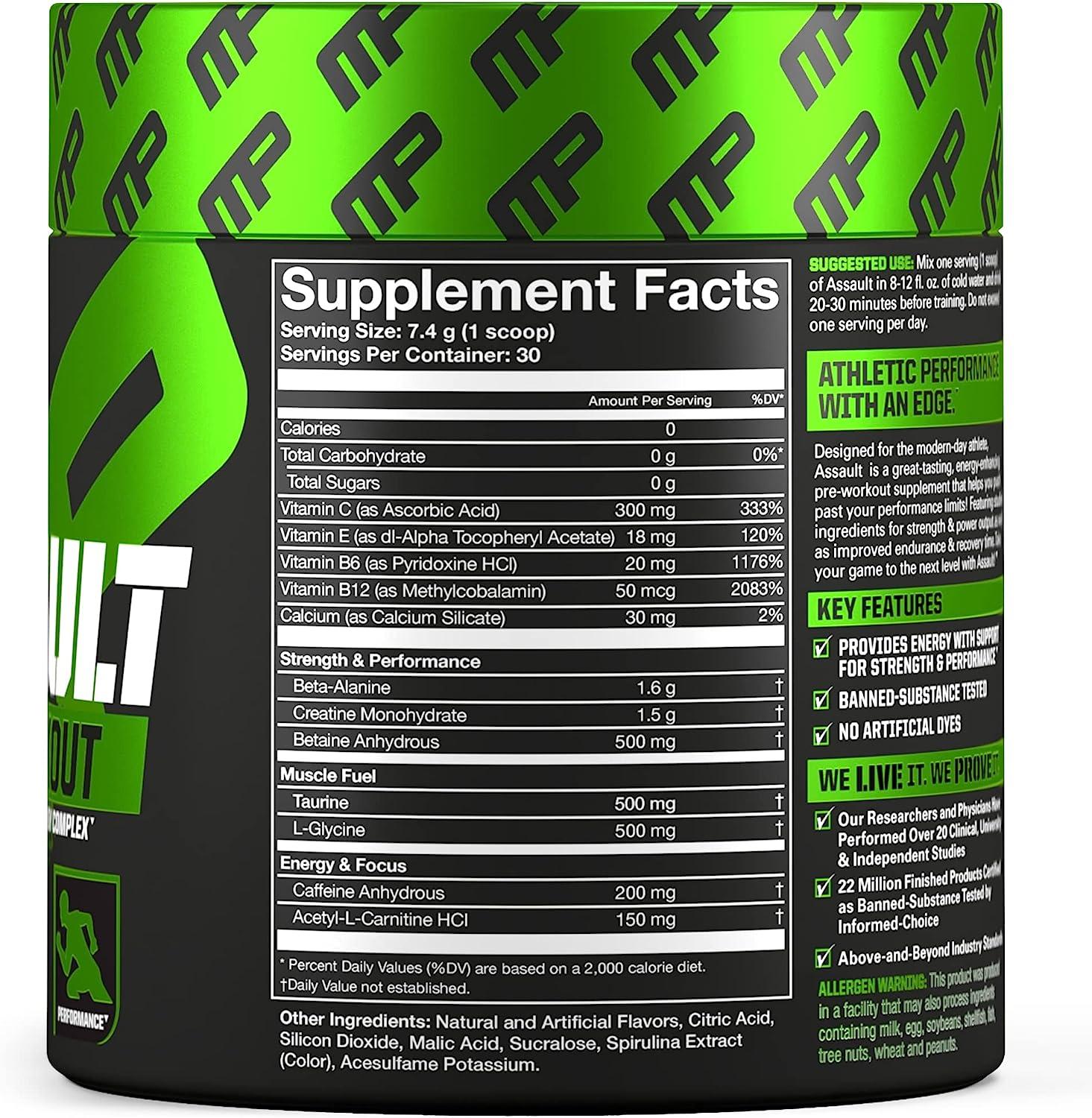MusclePharm Assault Pre-Workout Powder - Energy Focus Strength & Endurance - Blue Raspberry - 30 ...