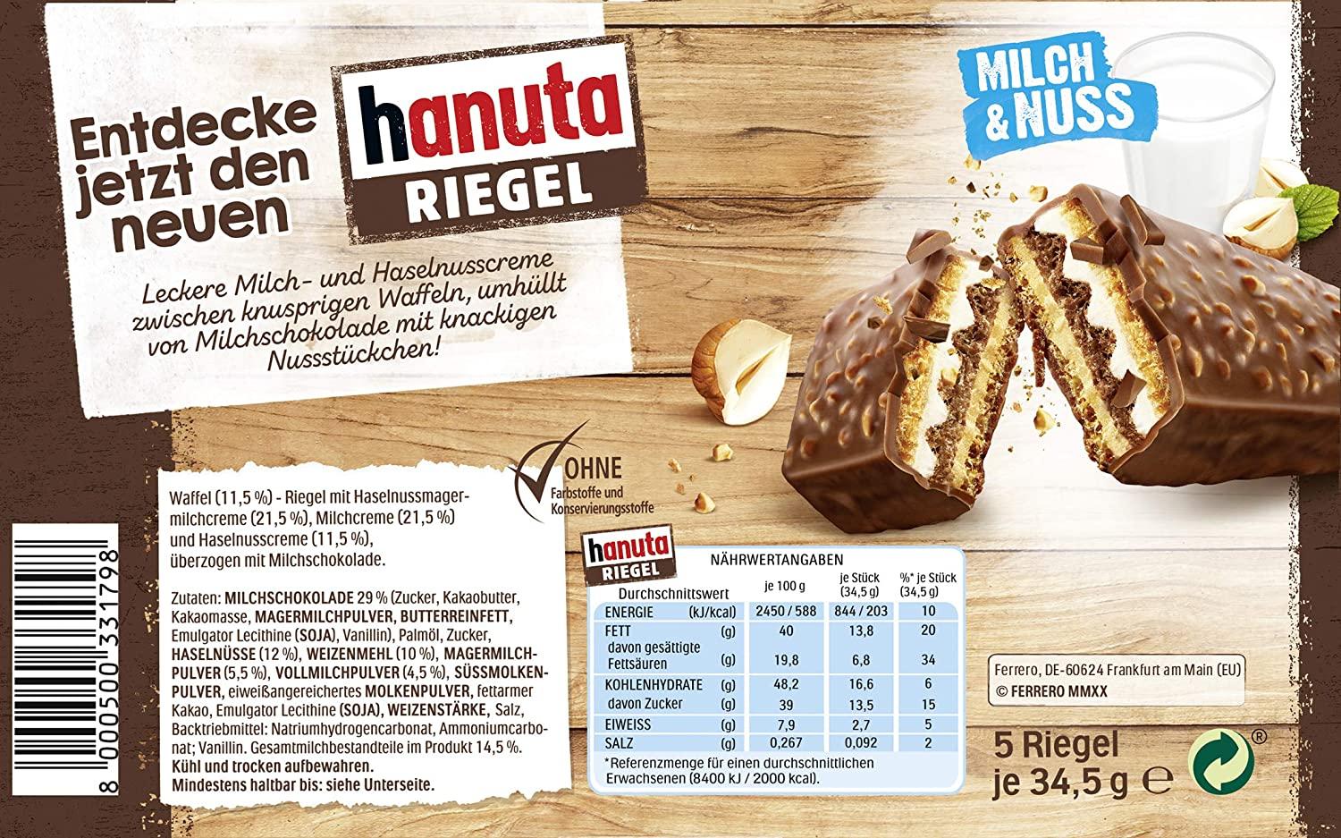 Ferrero Hanuta Riegel Bars 5pc 173g - Crunchy Candy Wafers | Buy Now in ...