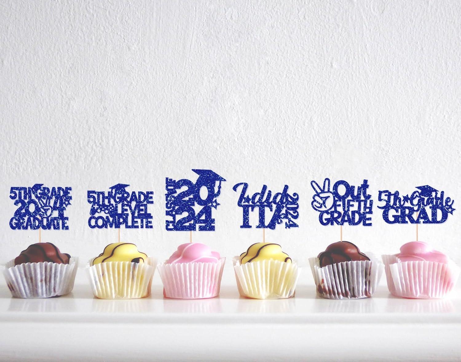 BZBAIS 32 Pieces Blue Glittery 5th Grade Grad Cupcake Toppers Class of ...