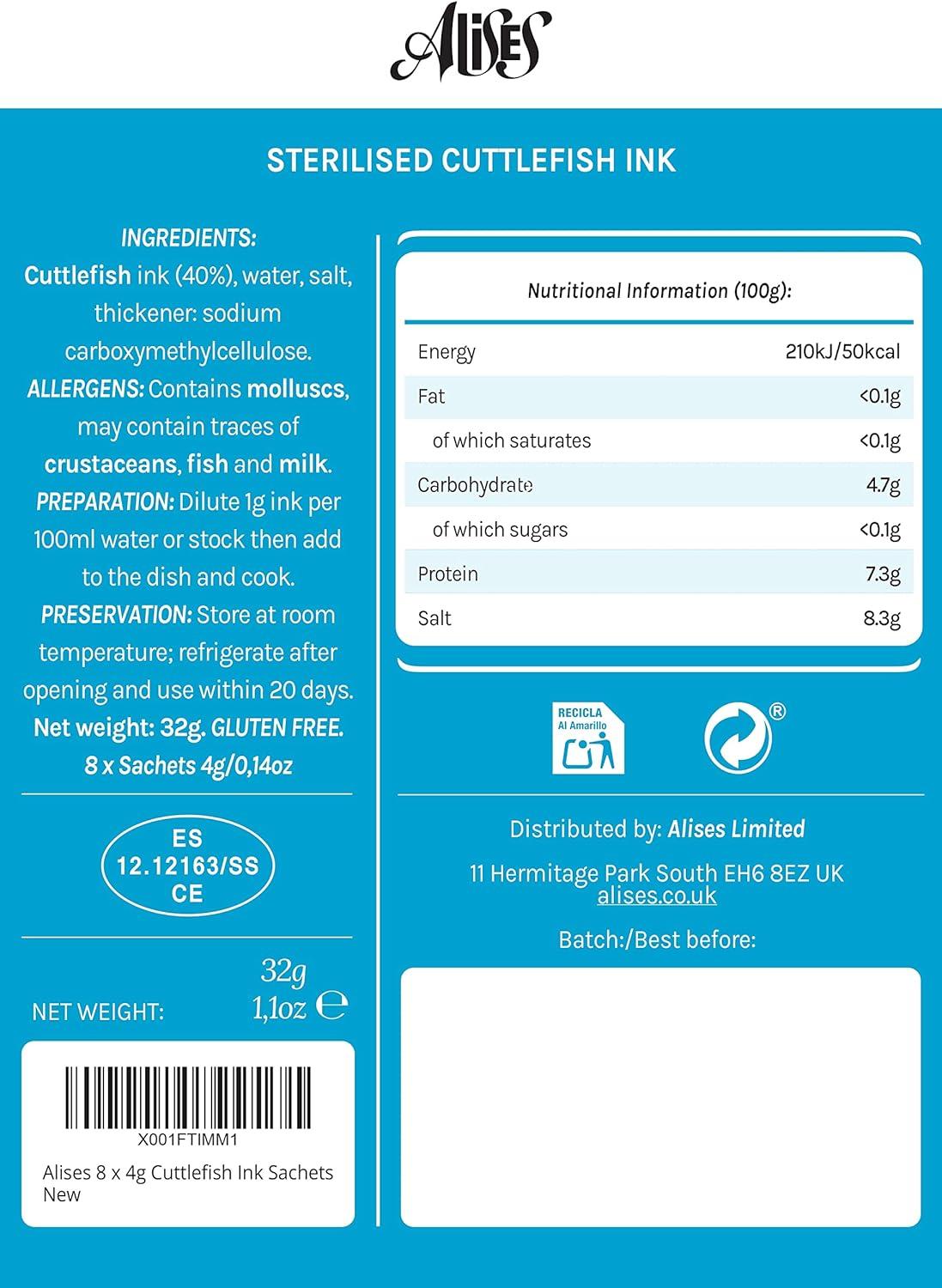 Alises 8 x 4g Squid Ink Sachets - 32g Ready-to-Eat Cuttlefish Ink ...