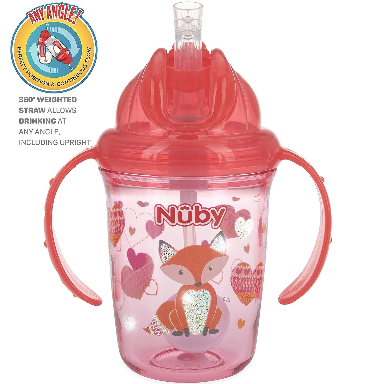 Nuby No Spill Flip N Sip 2 Handle Tritan 360 Weighted Straw Glitter Print - 8oz/ 240 Ml/ 12 M+ ...