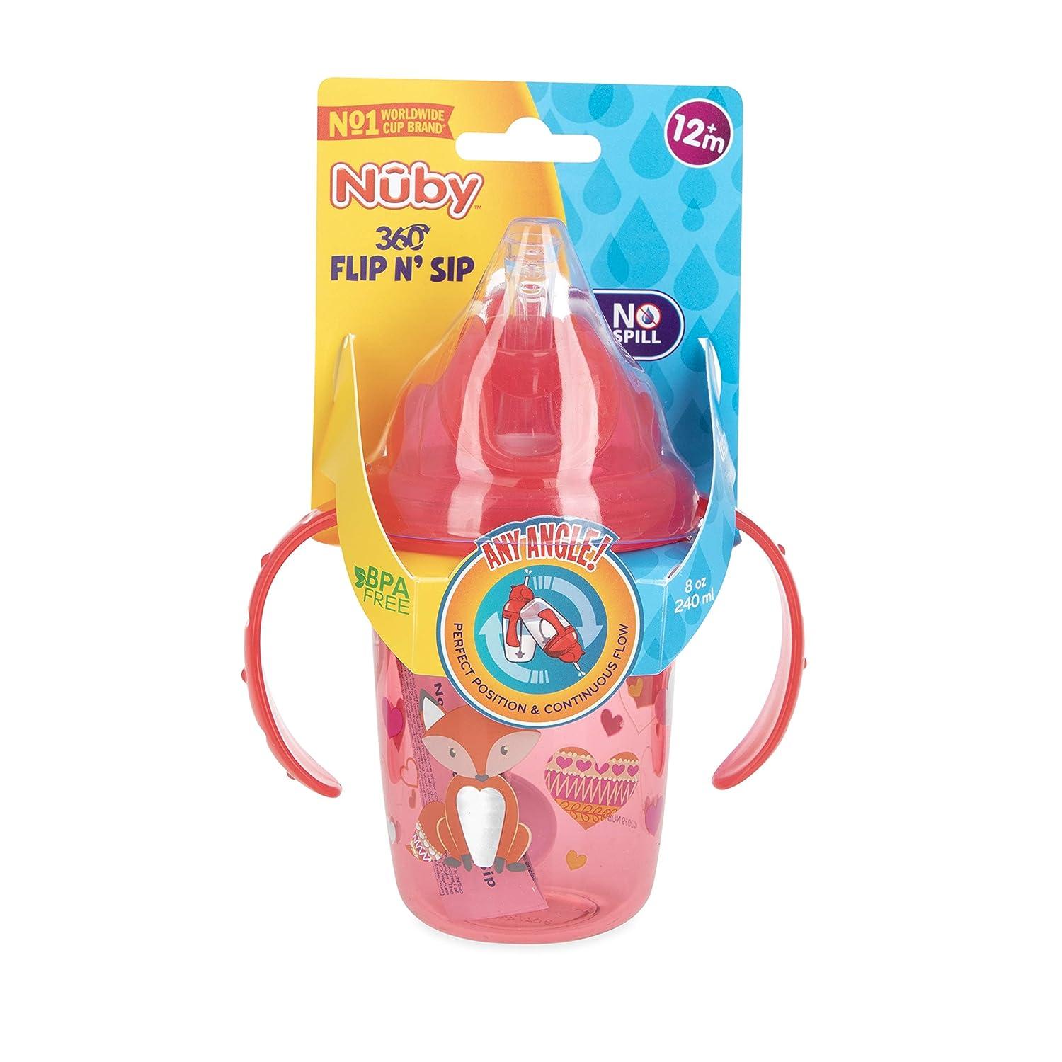 Nuby No Spill Flip N Sip 2 Handle Tritan 360 Weighted Straw Glitter Print - 8oz/ 240 Ml/ 12 M+ ...