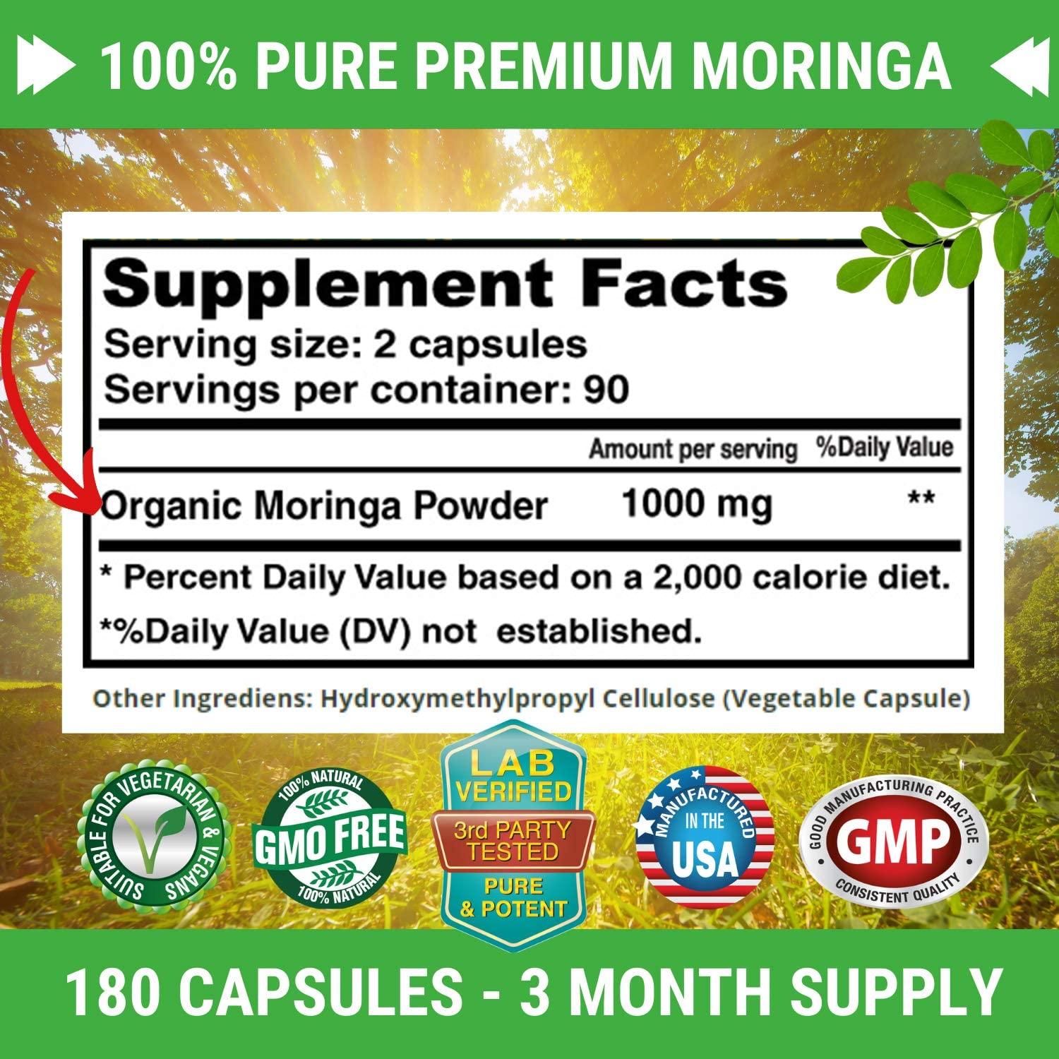 Moringa Oleifera 180 Capsules | 100% Pure Leaf Powder | 1000mg Per Serving | Green Superfood ...