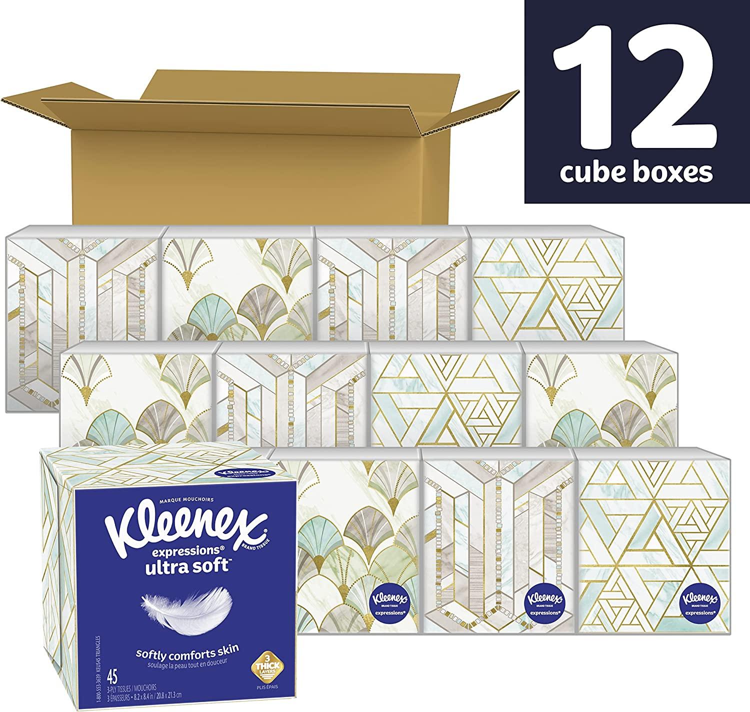 Kleenex Expressions Ultra Soft Facial Tissues 12 Cube Boxes - 3-Ply (540 Total Tissues)